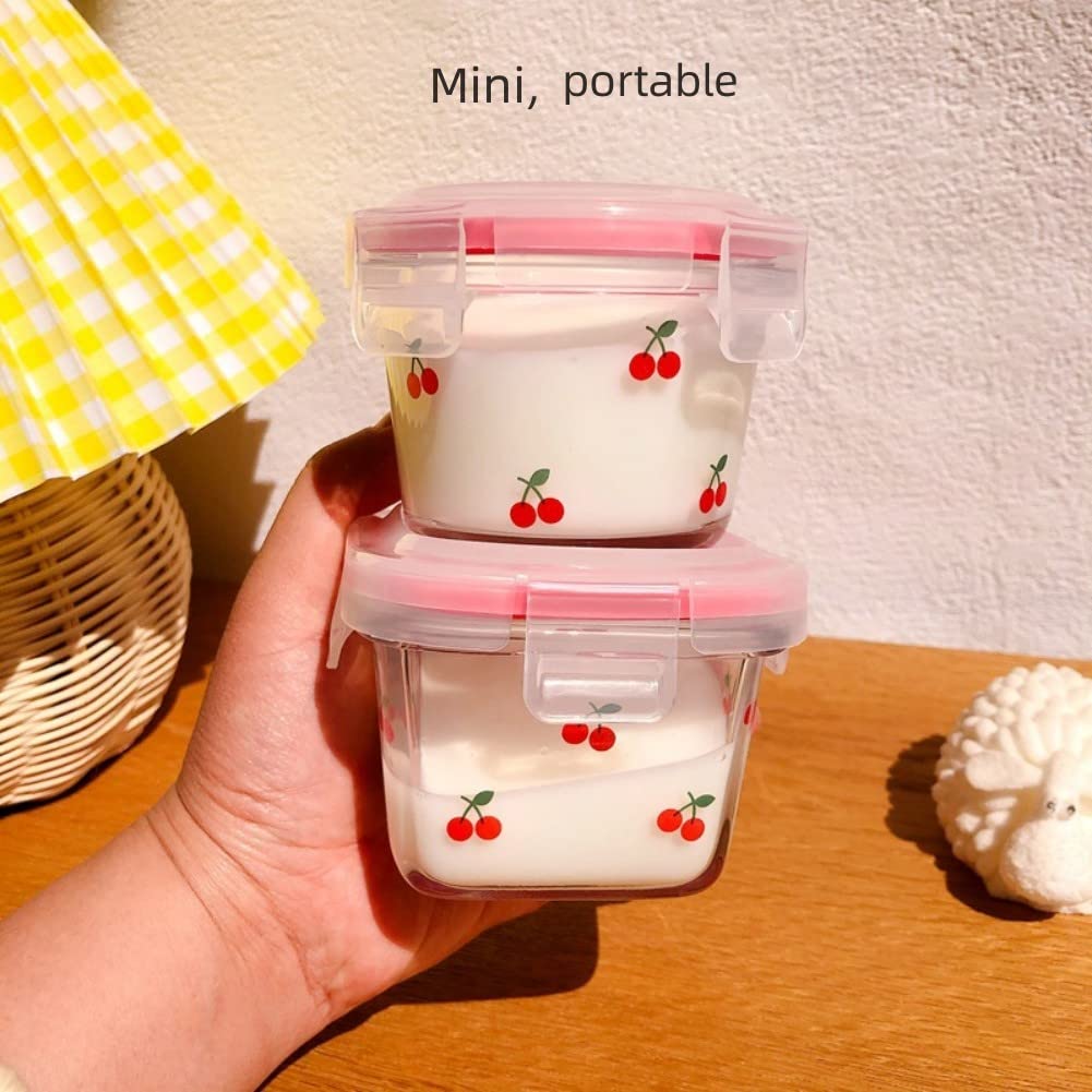 2 Pack 4 OZ Mini Glass Food Storage Containers with Lids,Square Round Cherry Food Jars Small Glass Container for Food Portion,Sauce,Snack,Yogurt,Airtight,Freezer Microwave Safe(red)