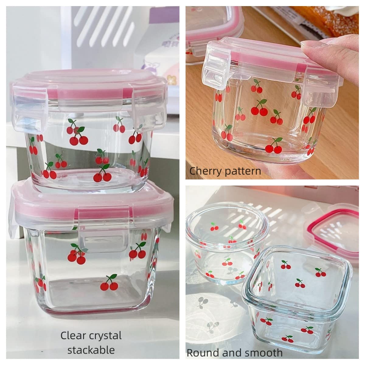 2 Pack 4 OZ Mini Glass Food Storage Containers with Lids,Square Round Cherry Food Jars Small Glass Container for Food Portion,Sauce,Snack,Yogurt,Airtight,Freezer Microwave Safe(red)