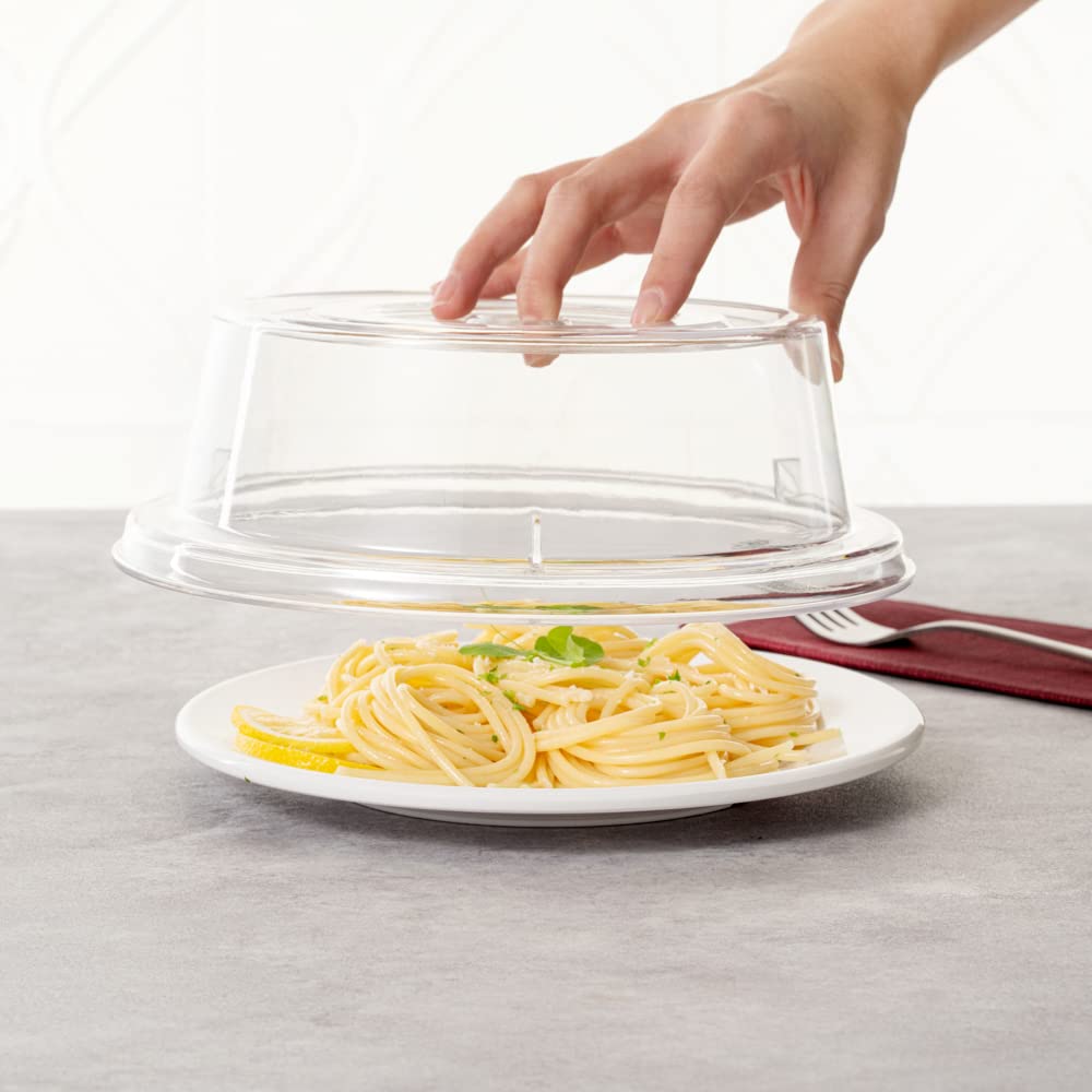 Restaurantware Cater Tek 8.5 Inch Polycarbonate Plate Cover 1 Shatterproof Dish Cover - Dishwashable For 8-Inch Plates Clear Plastic Splatter Cover Finger Hole Design Endures Up To 210F