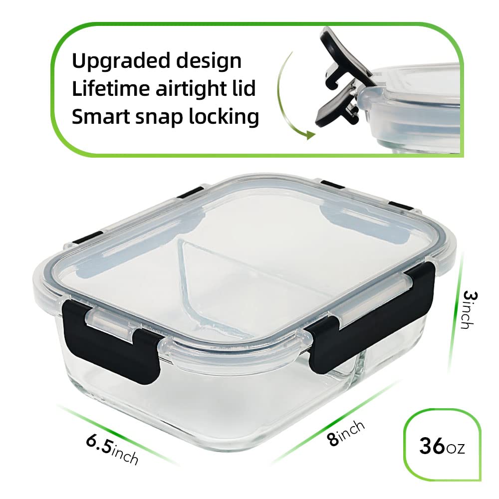 DAS TRUST 3 Pack 36oz Food Storage Containers 2 Compartments Glass Meal Prep Containers with Lids Lunch Containers for Adult with Dividers Reusable Lunch Bento Box