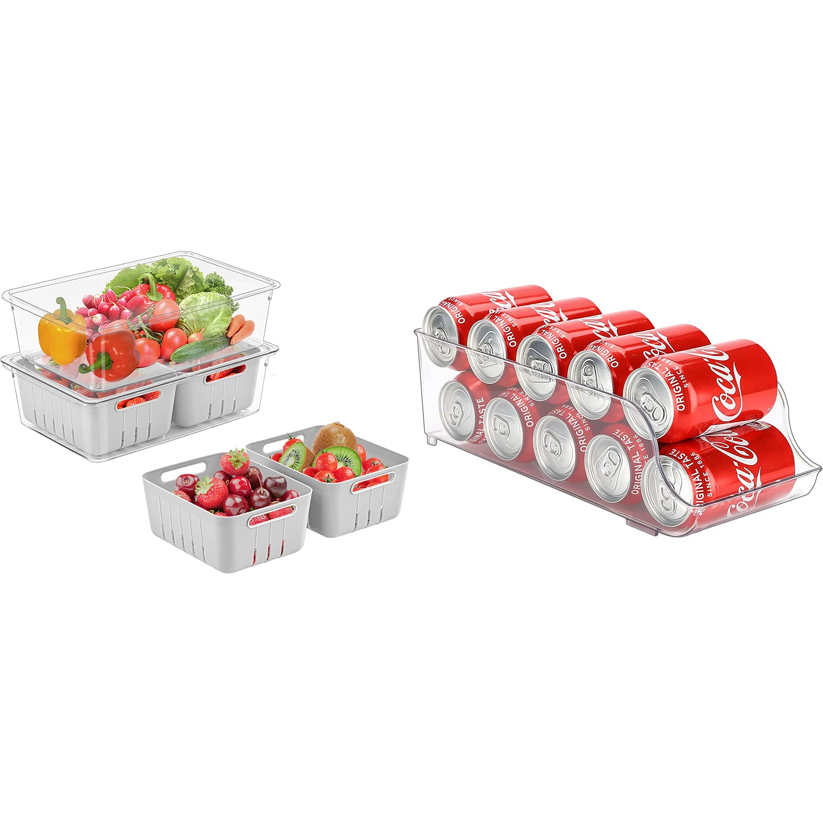 Puricon (2 Pack Fresh Food Containers for Fridge Bundle with 1 Pack Refrigerator Organizer Bins Can Dispenser Storage Holder