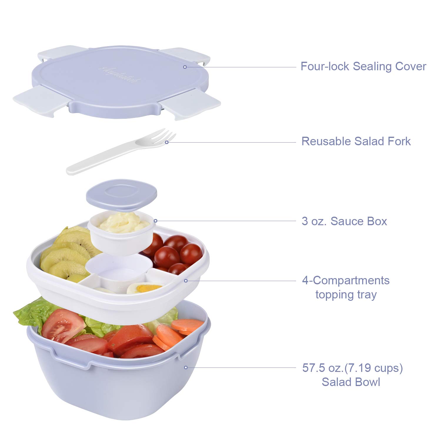 Acupteatech Leak Proof Salad Lunch Container With Large Capacity Salad Mixing Bowl, 3 Compartment Bento-Style Tray, Sauce Container, Reusable cutlery, BPA FREE, 1700ml (Powder Blue)