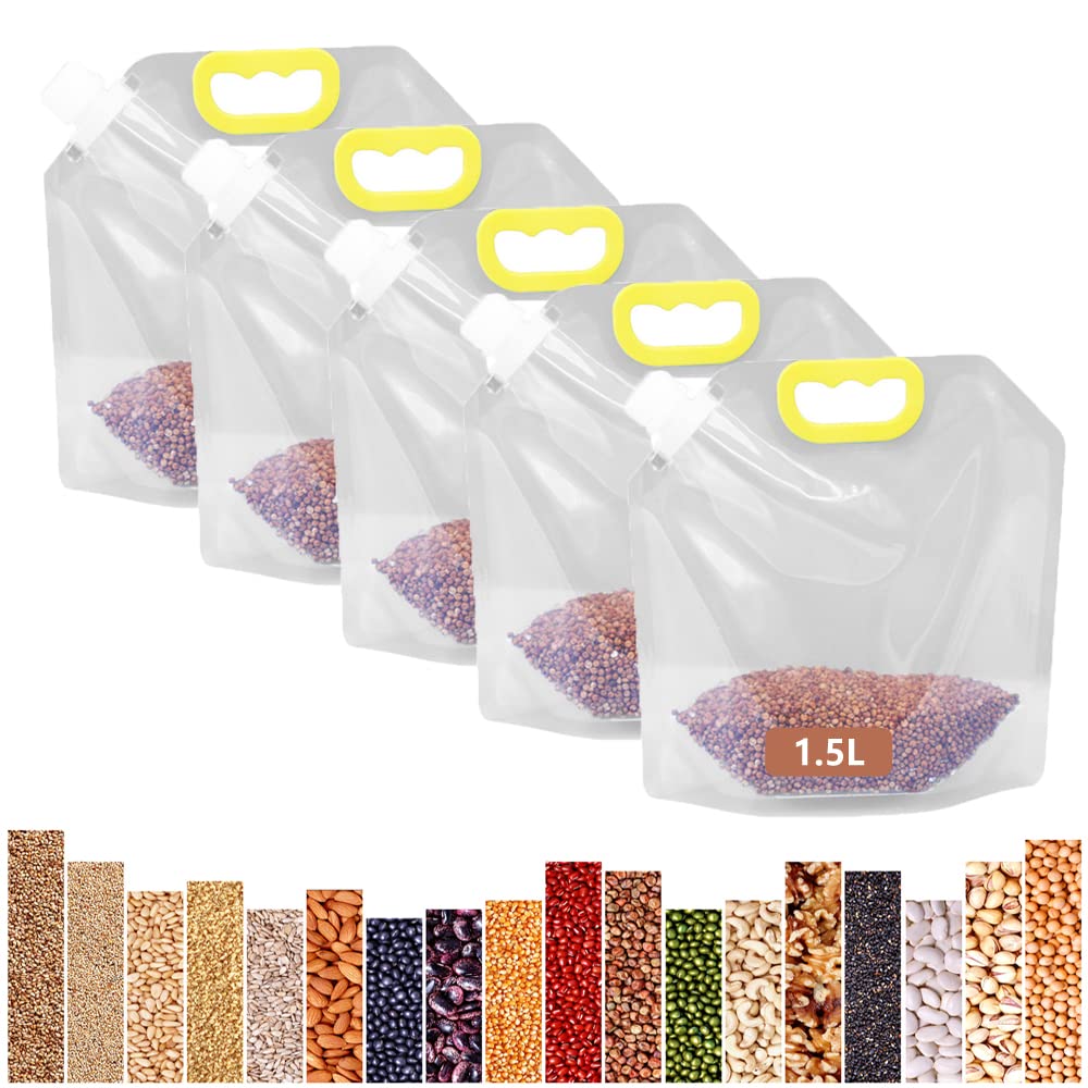 UtySty 5 Pack Grain Storage Container Multigrain Food 1.5L Sealed Bags Moisture-Proof Transparent Pouches Portable Bag Cereal Flour Bean Nut Rice Tea Powder Water Reusable Organizer Case