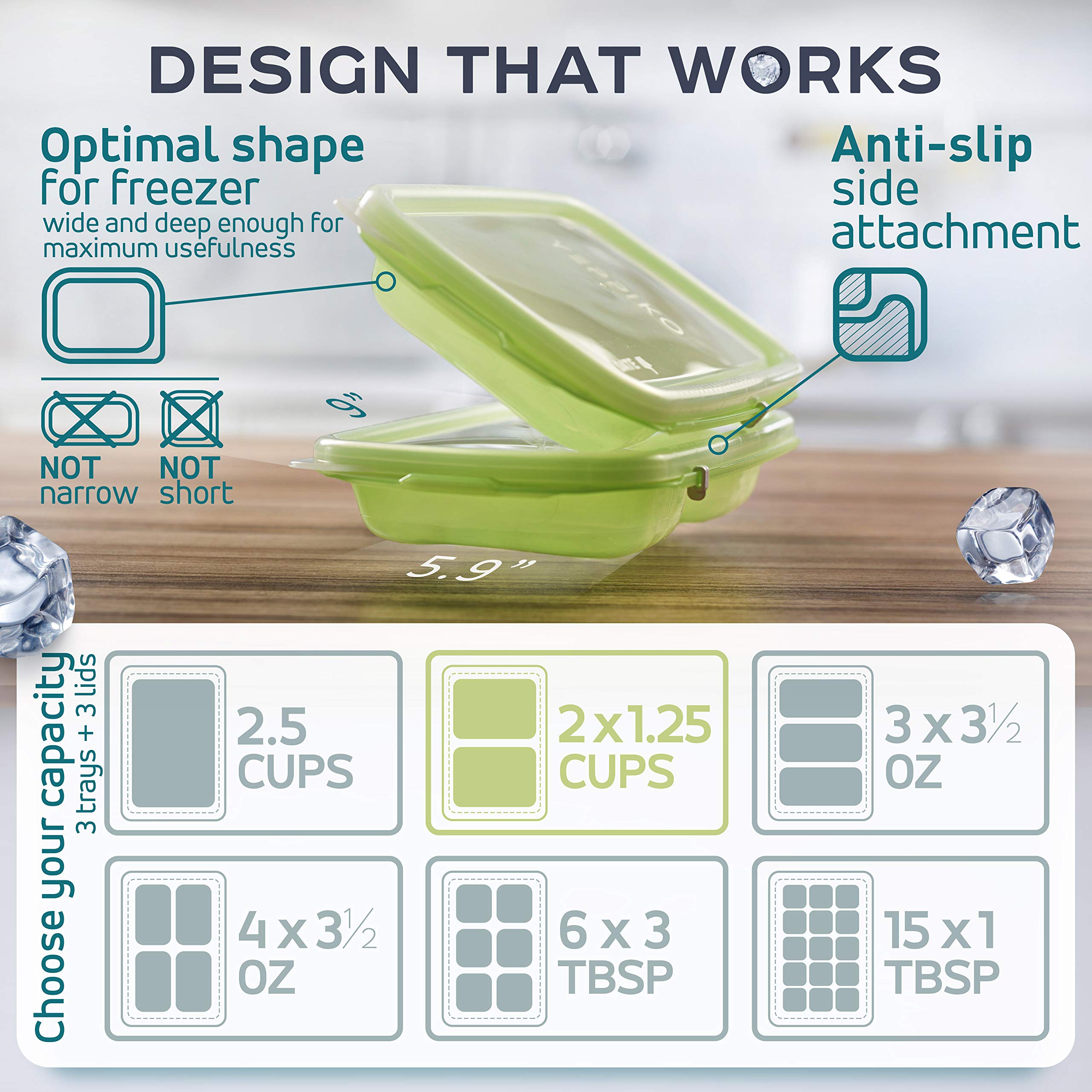 Freezer Food Trays Cubes - Stock Storage Freeze Cup Cubes with Leakproof Lids 6 piece (3 Trays + 3 Lids) - Freezer Portion Containers - Soup Meal Ice Cube Portion Trays with Cube Lids