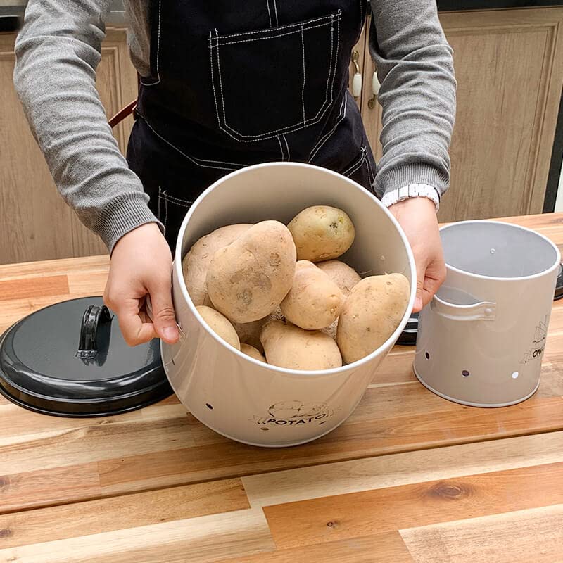 SOTECH Potato Onion Garlic Storage Bin with Lid Set of 3 Kitchen Pantry Organizer and Tin Vegetable Keeper Ventilated Vintage Grey and White Farmhouse Metal Containers Keeps Vegetables Fresh