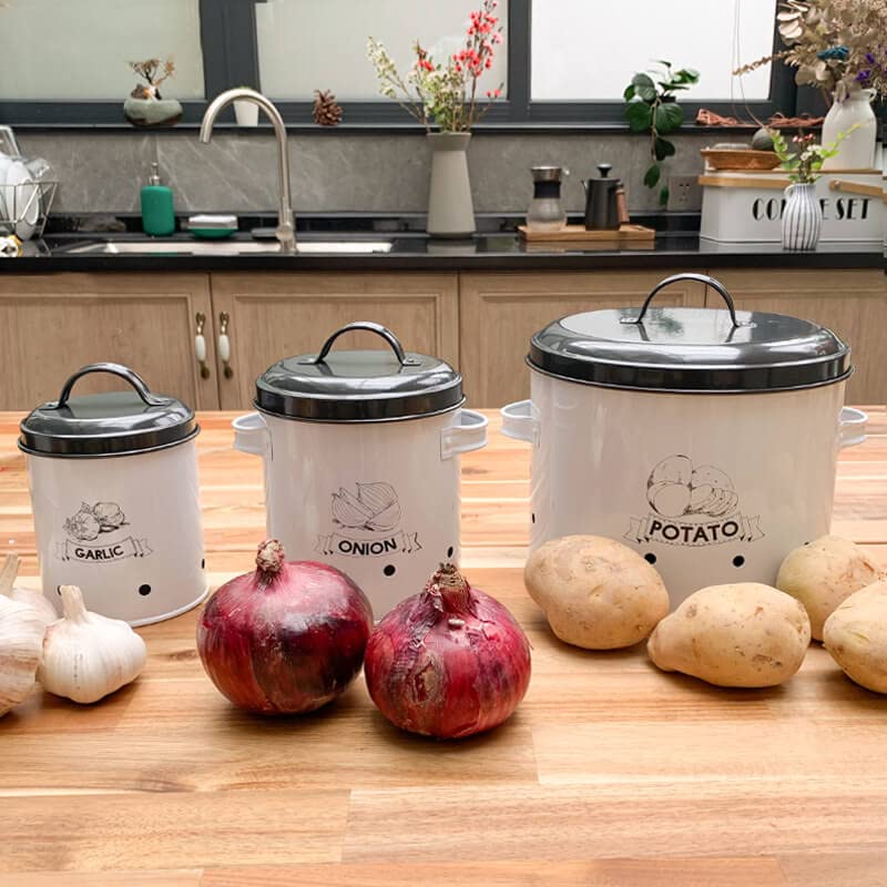 SOTECH Potato Onion Garlic Storage Bin with Lid Set of 3 Kitchen Pantry Organizer and Tin Vegetable Keeper Ventilated Vintage Grey and White Farmhouse Metal Containers Keeps Vegetables Fresh