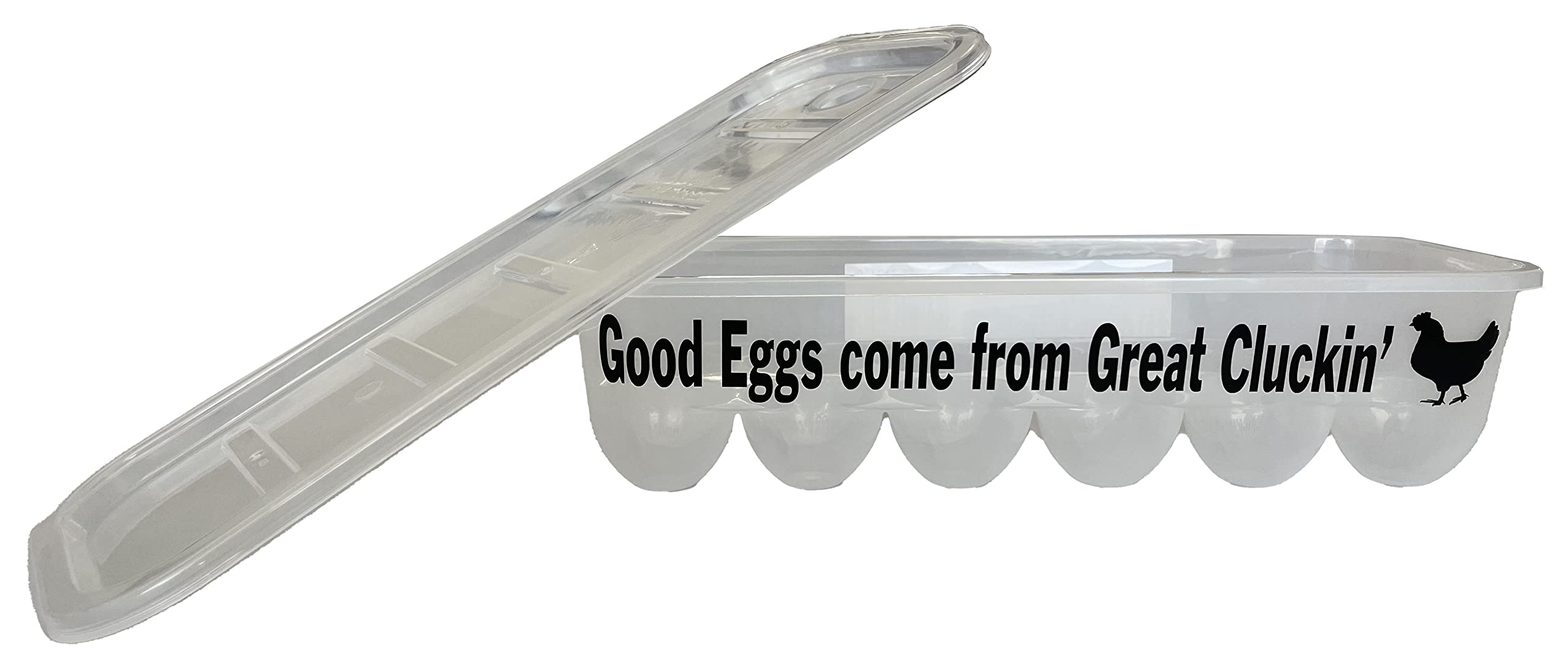 Plastic Egg Storage Containers with Lids and Custom Messages designed to make you smile! Great Gift! (Good Eggs come from Great Cluckin')