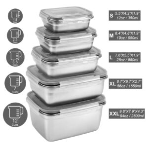 UPTRUST Stainless Steel Food Storage Containers, Airtight Lids, Set of 5 Containers, BPA Free, Dishwasher & Freezer Safe, Meal Prep Lunch Box, Leak Proof Stackable Light and Easy Storage