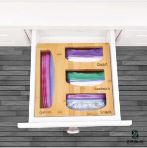 premium bamboo plastic bag storage organizer and baggie dispenser ┃ gallon, quart, sandwich, snack sizes ┃ food bags holders in kitchen drawers, pantry, or wall mount | by zirglio (4 slots)