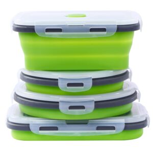 Collapsible Silicone Food Storage Containers with Airtight Lids, Set of 4 Bento Box for Kids Adults,Microwave and Freezer and Dishwasher Safe, with Vent Valve, BPA Free (Green, 500ml and 800ml)