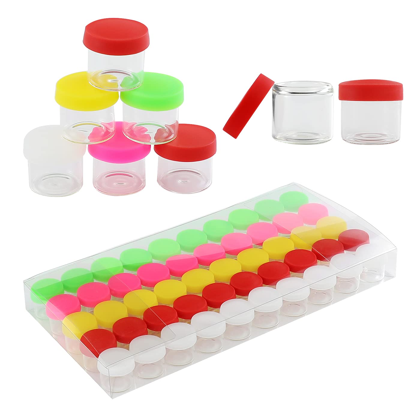 YHSWE 50pcs 6ml Round Glass Clear Storage Jar Small Reusable Container with Airtight Multi Color Silicone Lid (Circular-1)