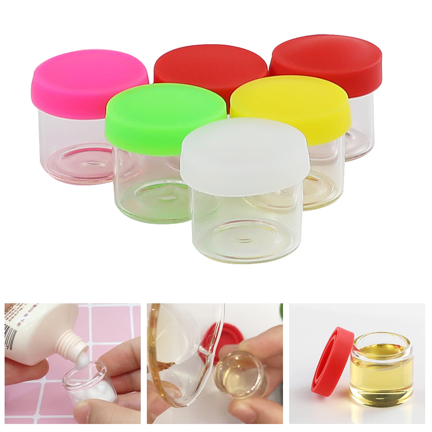 YHSWE 50pcs 6ml Round Glass Clear Storage Jar Small Reusable Container with Airtight Multi Color Silicone Lid (Circular-1)