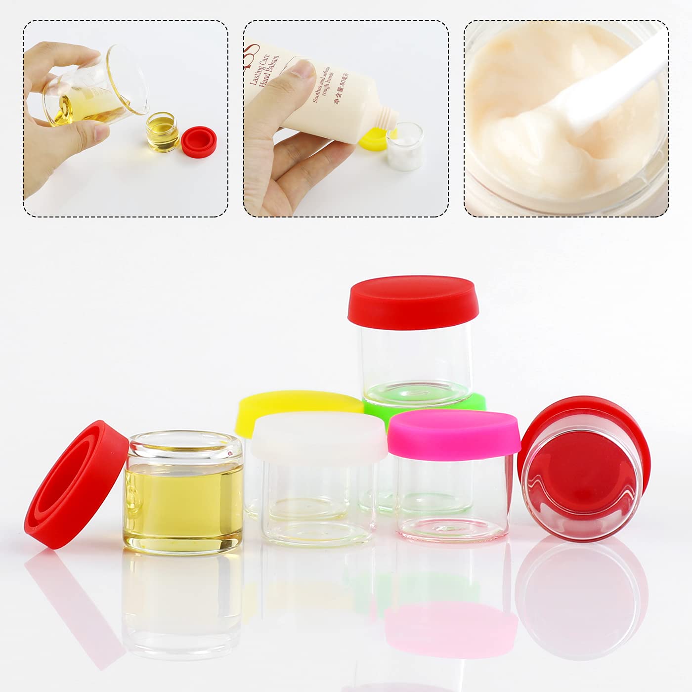 YHSWE 50pcs 6ml Round Glass Clear Storage Jar Small Reusable Container with Airtight Multi Color Silicone Lid (Circular-1)