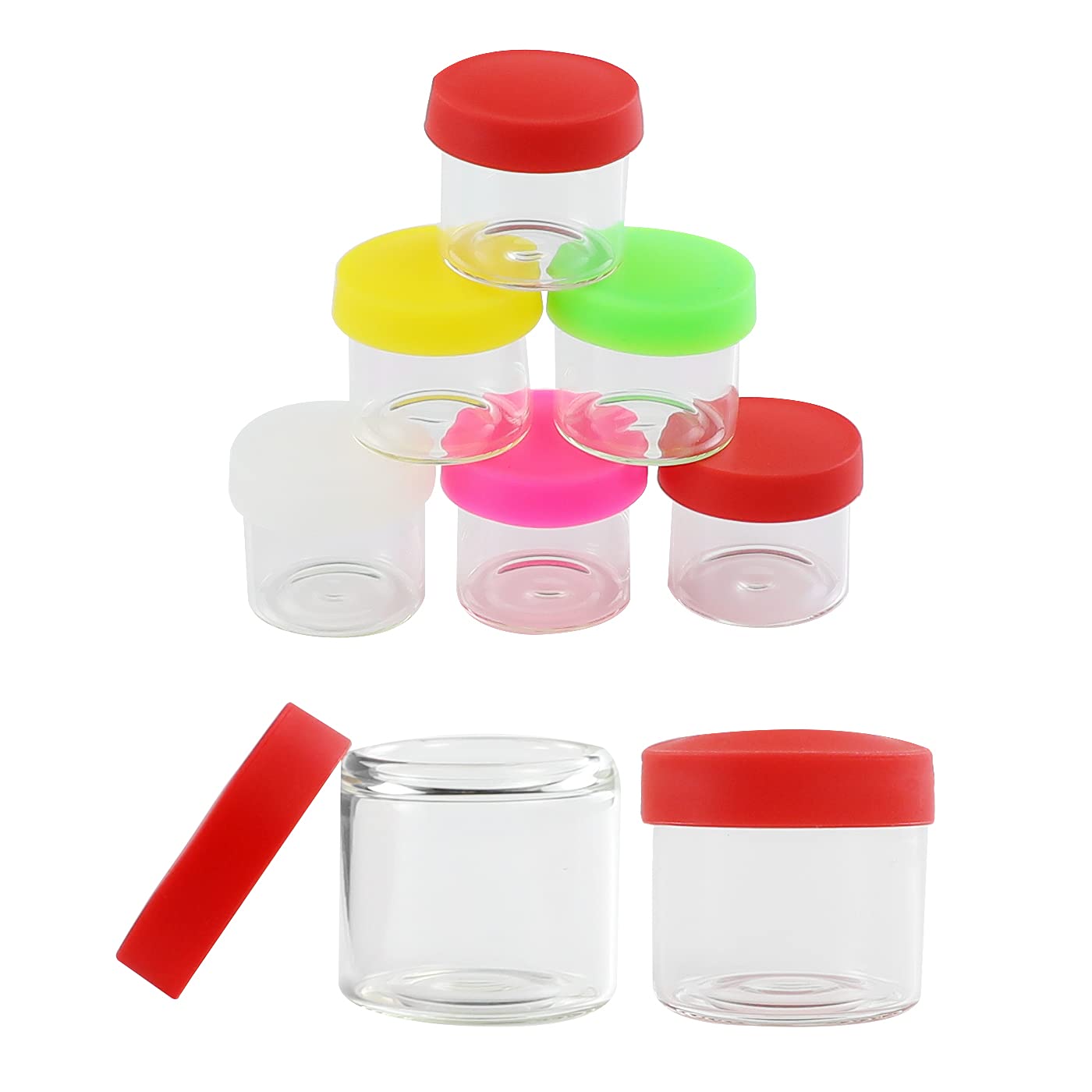 YHSWE 50pcs 6ml Round Glass Clear Storage Jar Small Reusable Container with Airtight Multi Color Silicone Lid (Circular-1)