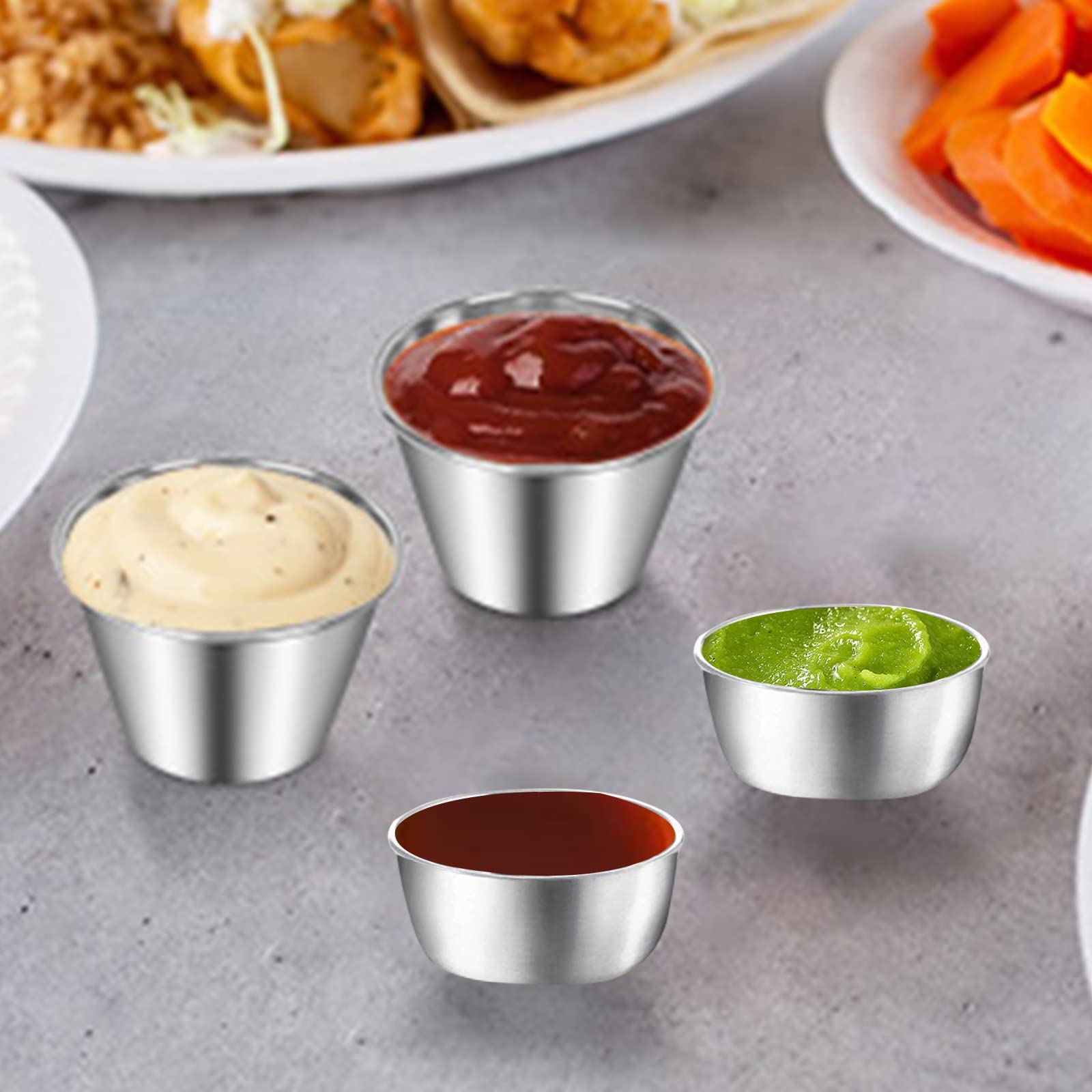 Ptsygantl Salad Dressing Container, Stainless Steel Condiment Containers with Silicone Lids, Mini Metal Sauce Cups Leakproof Dipping Sauce Cups (70ml 6 colors 6pcs/pack)