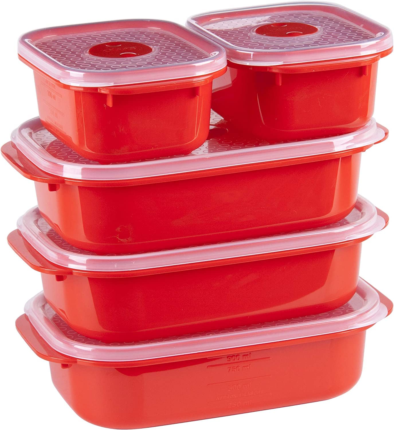 Décor Microsafe Oblong | Microwave Containers | BPA Free | Steam Release Vent | Dishwasher Safe, 5pk, Red