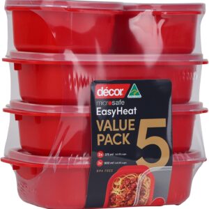 Décor Microsafe Oblong | Microwave Containers | BPA Free | Steam Release Vent | Dishwasher Safe, 5pk, Red