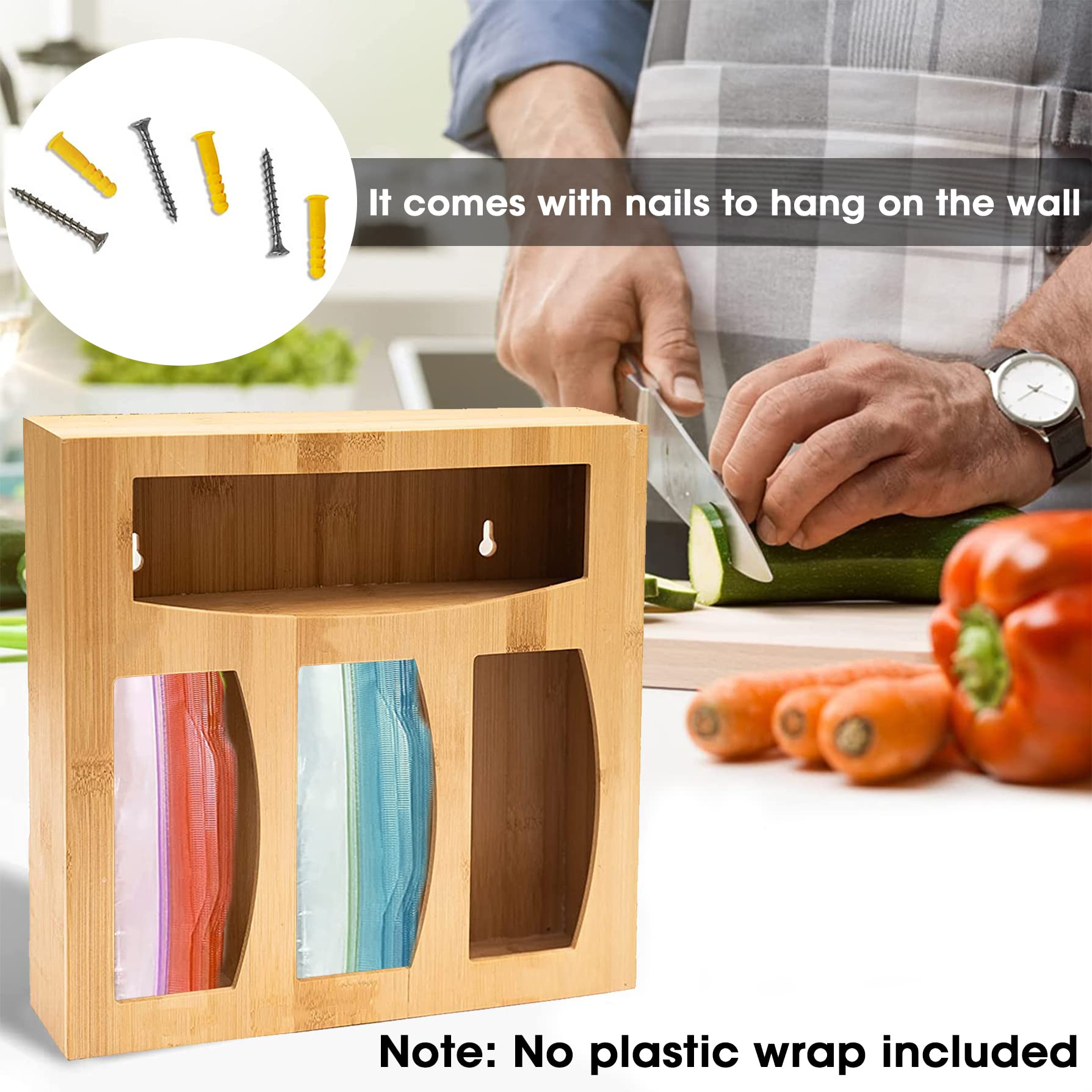 LOMSIOY Ziplock Bag Storage Organizer Kitchen Food Baggie Dispenser Box Bamboo Food Storage Bags Holder for Drawer, Sandwich Bag Container, Compatible with Gallon, Quart, and Snack Variety Size Bag