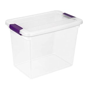 sterilite 27 qt clearview latch storage box stackable bin with latching lid, plastic container to organize clothes in closet, clear base, lid, 24-pack