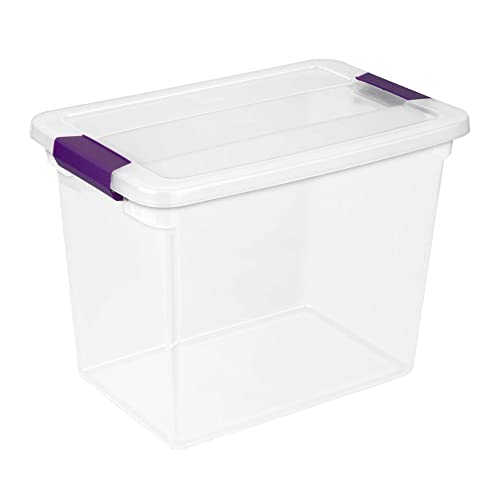 Sterilite 27 Qt ClearView Latch Storage Box Stackable Bin with Latching Lid, Plastic Container to Organize Clothes in Closet, Clear Base, Lid, 24-Pack