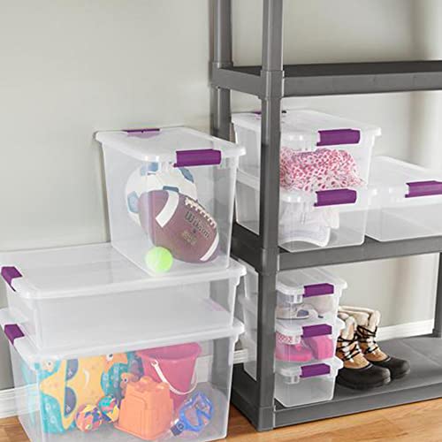 Sterilite 27 Qt ClearView Latch Storage Box Stackable Bin with Latching Lid, Plastic Container to Organize Clothes in Closet, Clear Base, Lid, 24-Pack