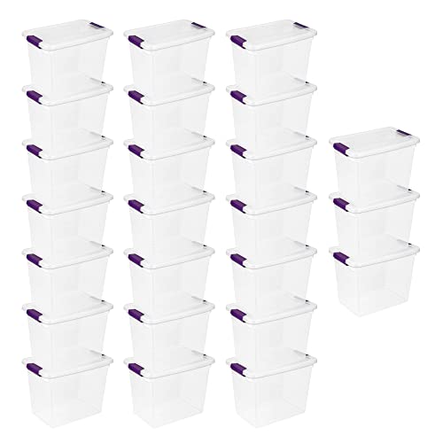 Sterilite 27 Qt ClearView Latch Storage Box Stackable Bin with Latching Lid, Plastic Container to Organize Clothes in Closet, Clear Base, Lid, 24-Pack