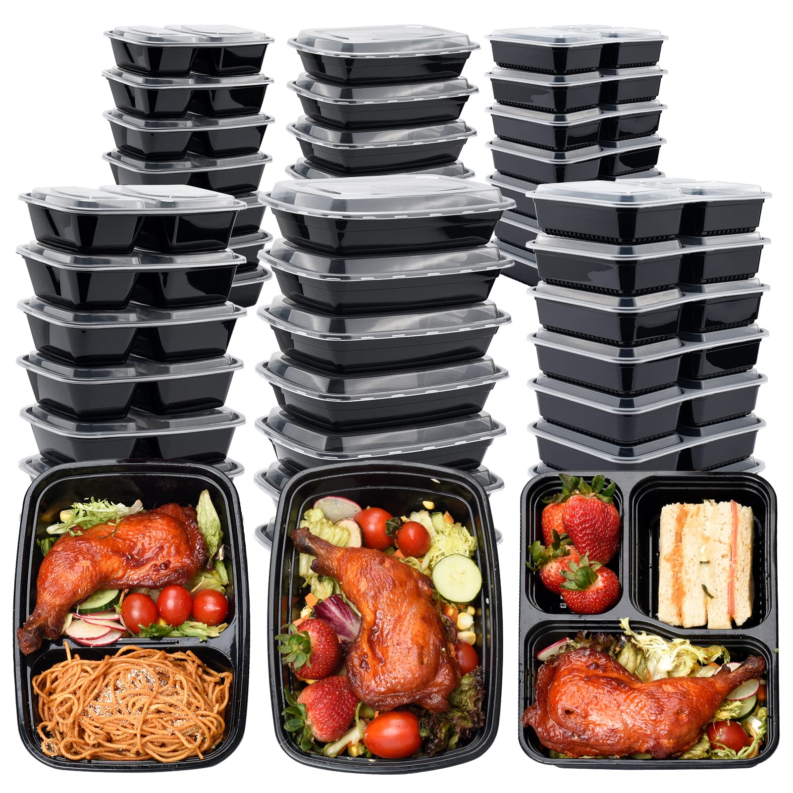 Glotoch Meal Prep Container,150Pack 1,2,3 Compartment Reusable Food Storage Containers For Lunch, Leftover.Disposable Black Plastic Containers With Lids To Go Container-BPA-Free Microwave Safe