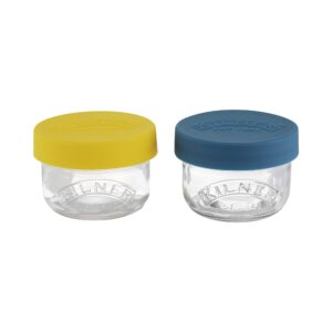 kilner 0.125l set of 2 glass store pots 125ml with push top silicone lids | perfect for snacks & food storage, clear, blue and yellow