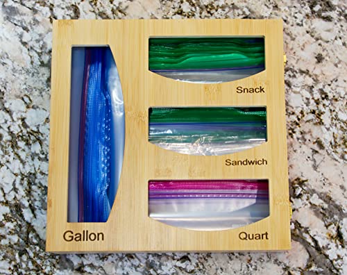 Ziplock Bag Organizer - Stylish Bamboo Zip Lock Storage Organization For Your Kitchen Drawers Cabinet Or Pantry - Wall Mount With Hinge Open Lid And Compression Clasps Great For A Gift