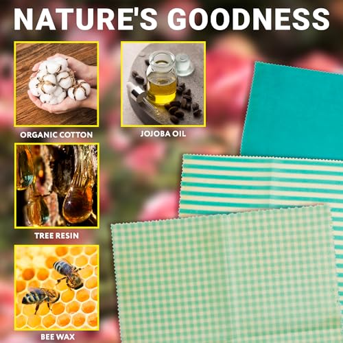 EZGOODZ Reusable Beeswax Wrap S, M, L. Pack of 3 Beeswax Food Wraps. Washable Reusable Wax Food Wrap with Blue Bee Print. Organic Bee Wax Paper Food Wrap for Sandwiches. Wax Wraps for Food Reusable