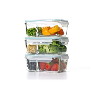 glasslock duo 3 piece clear tempered glass microwave, dishwasher, freezer, divided food storage containers with snap lock bpa free plastic lids