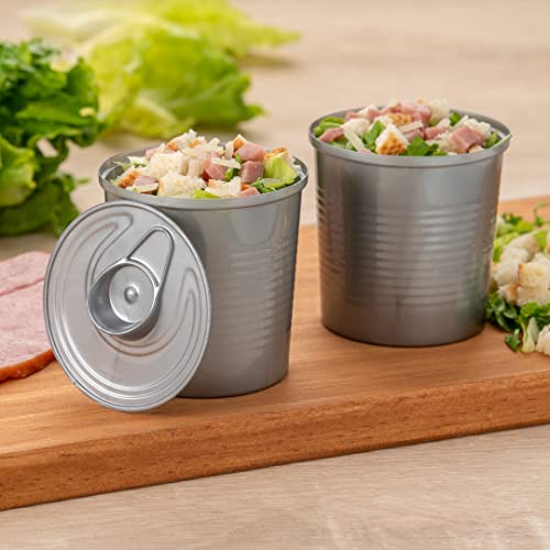 Restaurantware 4 oz Round Silver Plastic Tin Can - with Lid - 2 1/2" x 2 1/2" x 2 3/4" - 20 count box