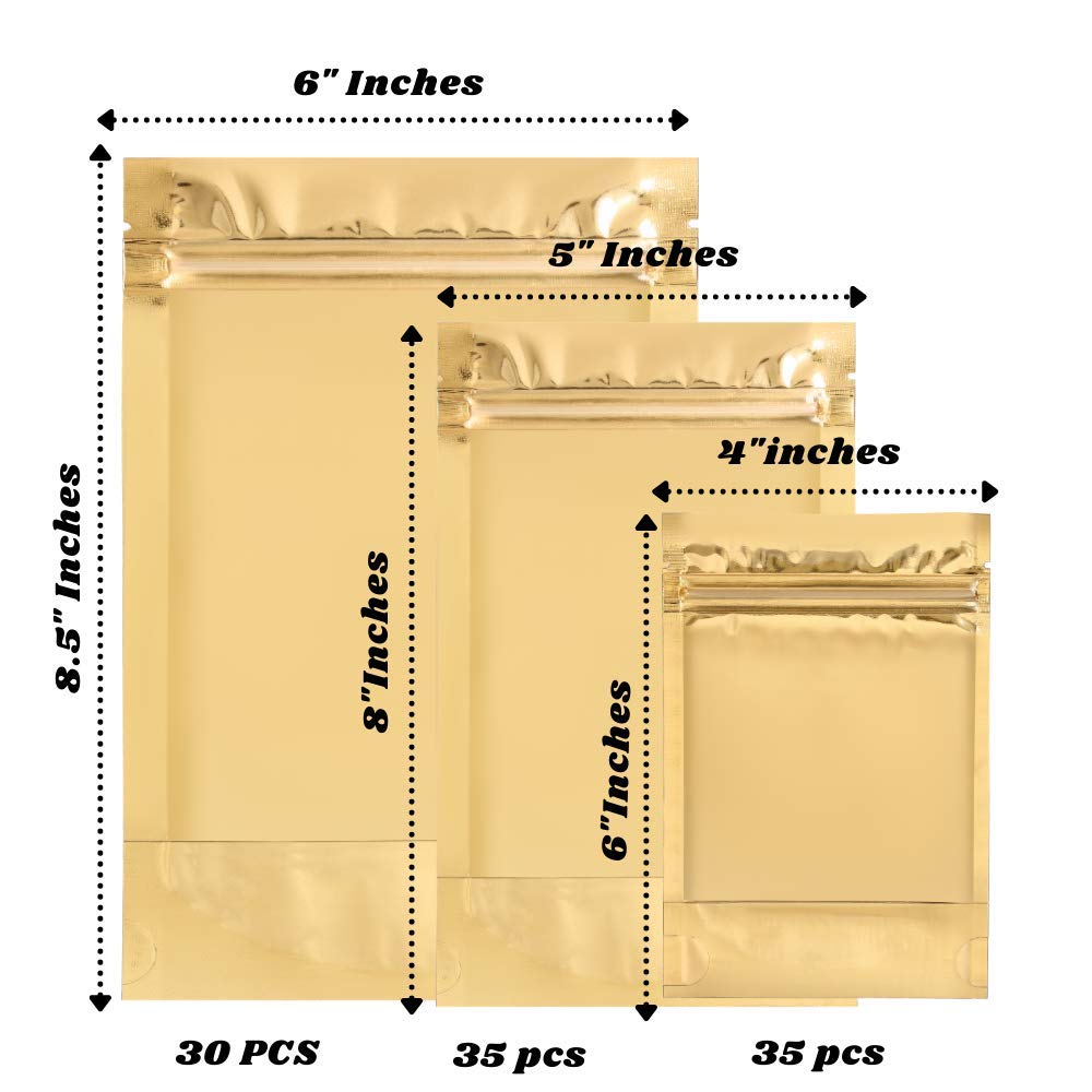 Casavani 100 Pieces Resealable Mylar Zip Lock Food Storage Bags with Clear Window Smell Proof Aluminum Foil Pouch in 3 Sizes - Small, Medium and Large Gold 4x6 inches, 5x6 inches, 6x8.5 inches