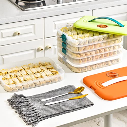 OHEPFD Refrigerator Organizer Bins,Food Storage Containers with Lids Dumpling Storage Box 3-Layer Stackable Food Storage Tray Organizer Holder for Kitchen Fridge, Green, 30.5x23x12cm