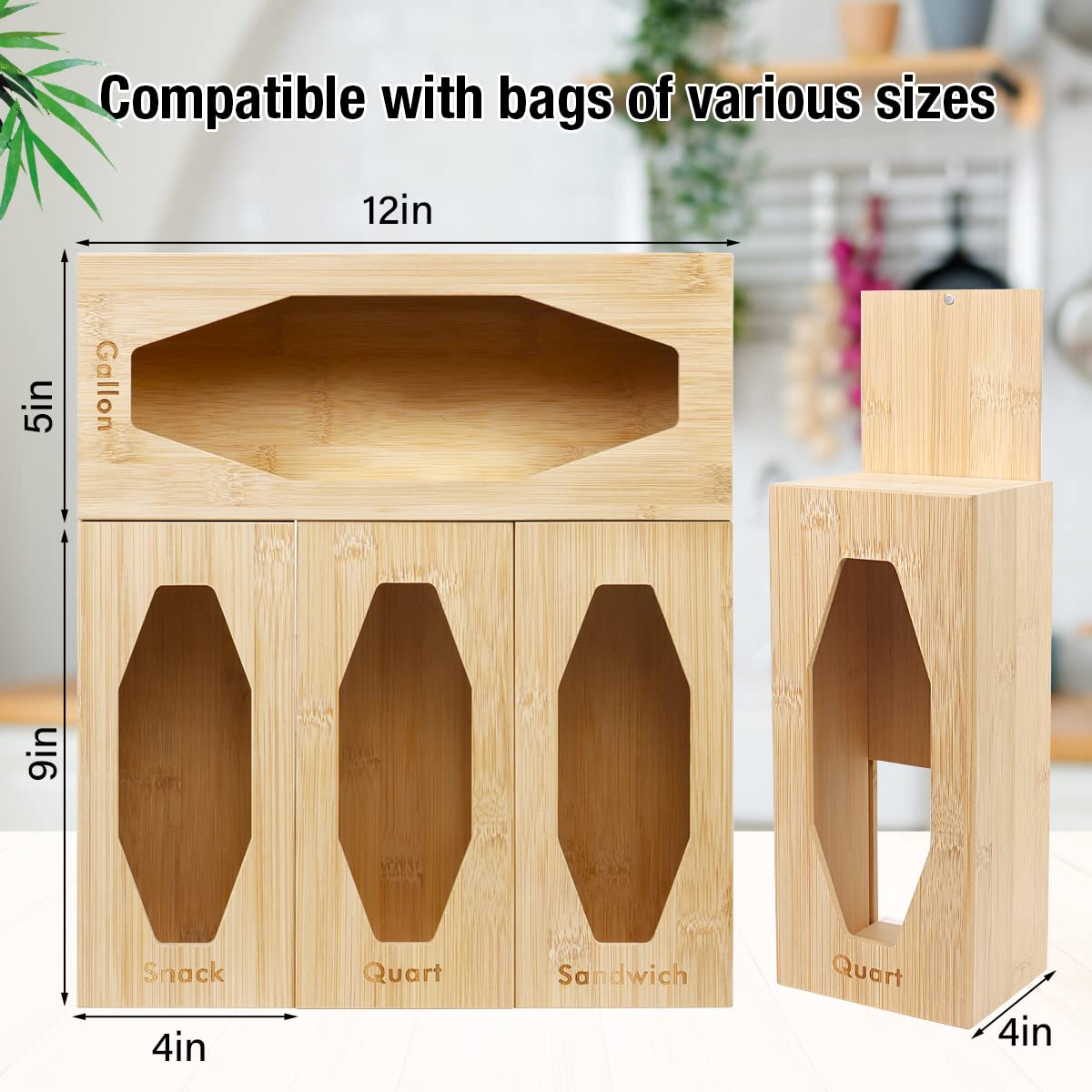 4 Pcs/Set Ziplock Bag Storage Organizer Food Storage Bag Holders Bamboo Kitchen Drawer Organizer Ziplock Bag Dispenser for Gallon, Quart, Sandwich, Snack Bags