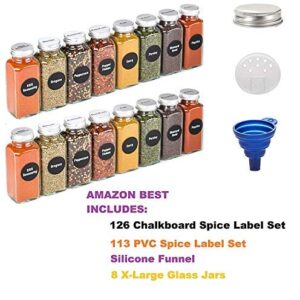 8 Extra Large, 8oz, BEST VALUE, Glass Spice Jars with 113 PVC Clear, plus 126 pre-printed Spice Chalkboard Labels. 8 Square Empty Jars, Airtight Cap, Pour/Sift Shakers