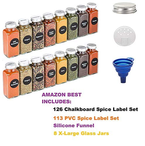 8 Extra Large, 8oz, BEST VALUE, Glass Spice Jars with 113 PVC Clear, plus 126 pre-printed Spice Chalkboard Labels. 8 Square Empty Jars, Airtight Cap, Pour/Sift Shakers