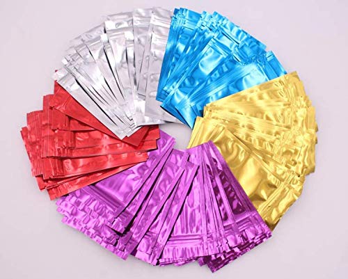 100 Pieces Colorful Self Sealing Zip Mylar Packing Pouch Storage Food Accessory Snack Package Bags Heat Seal Tear Notches Aluminum Foil Wholesale Food Grade Pouches (Color Random) (7.5x6.5cm)