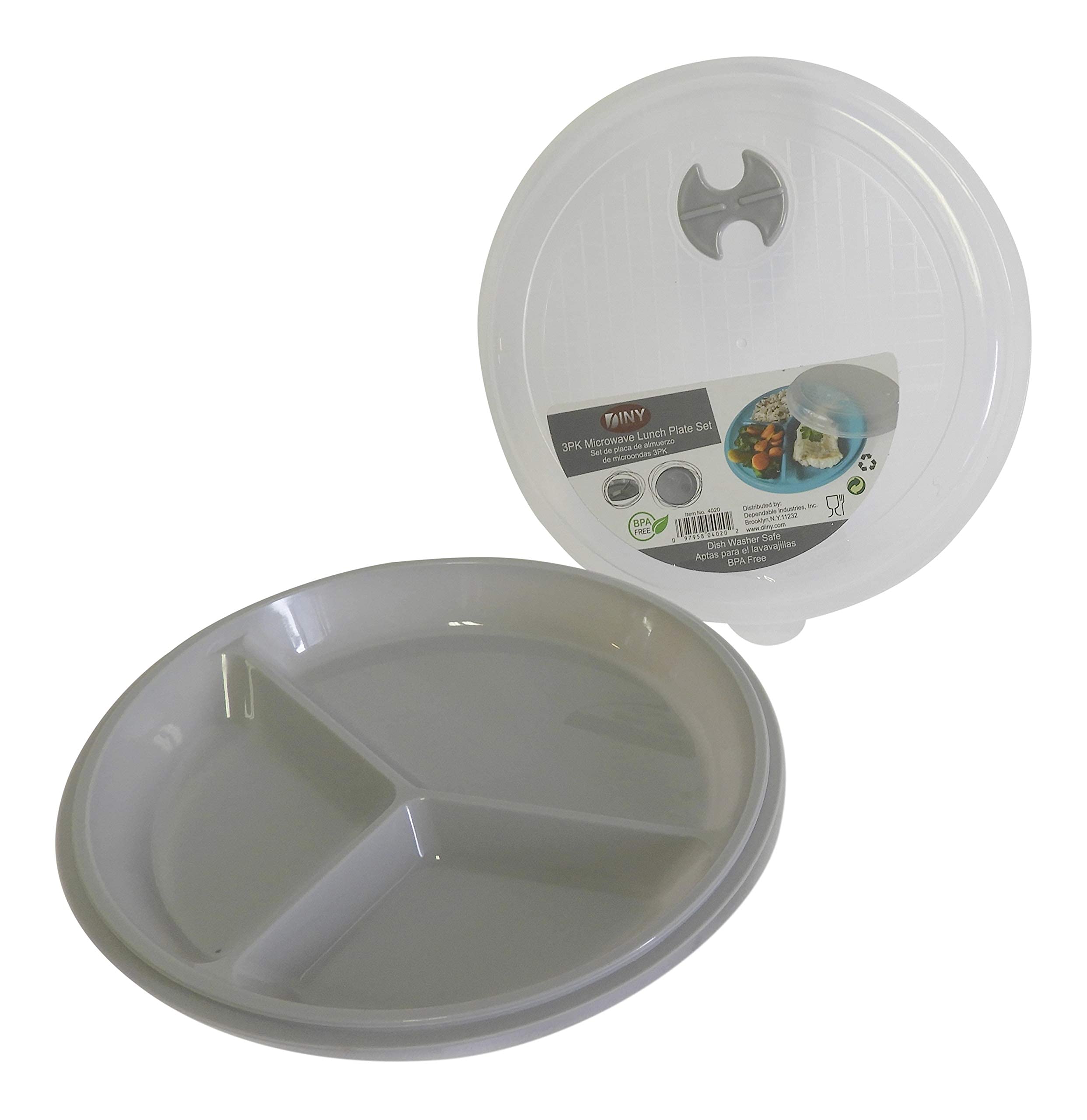 3 Pack Divided Microwave Lunch Plate Set with Lids Vented Food Storage Food Grade Plastic