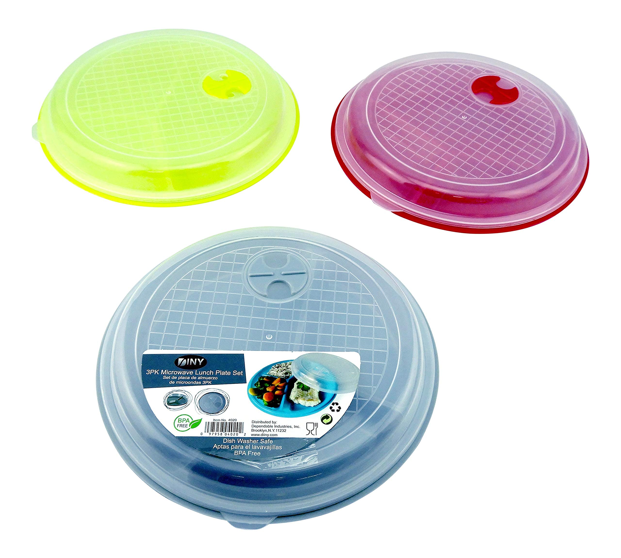 3 Pack Divided Microwave Lunch Plate Set with Lids Vented Food Storage Food Grade Plastic