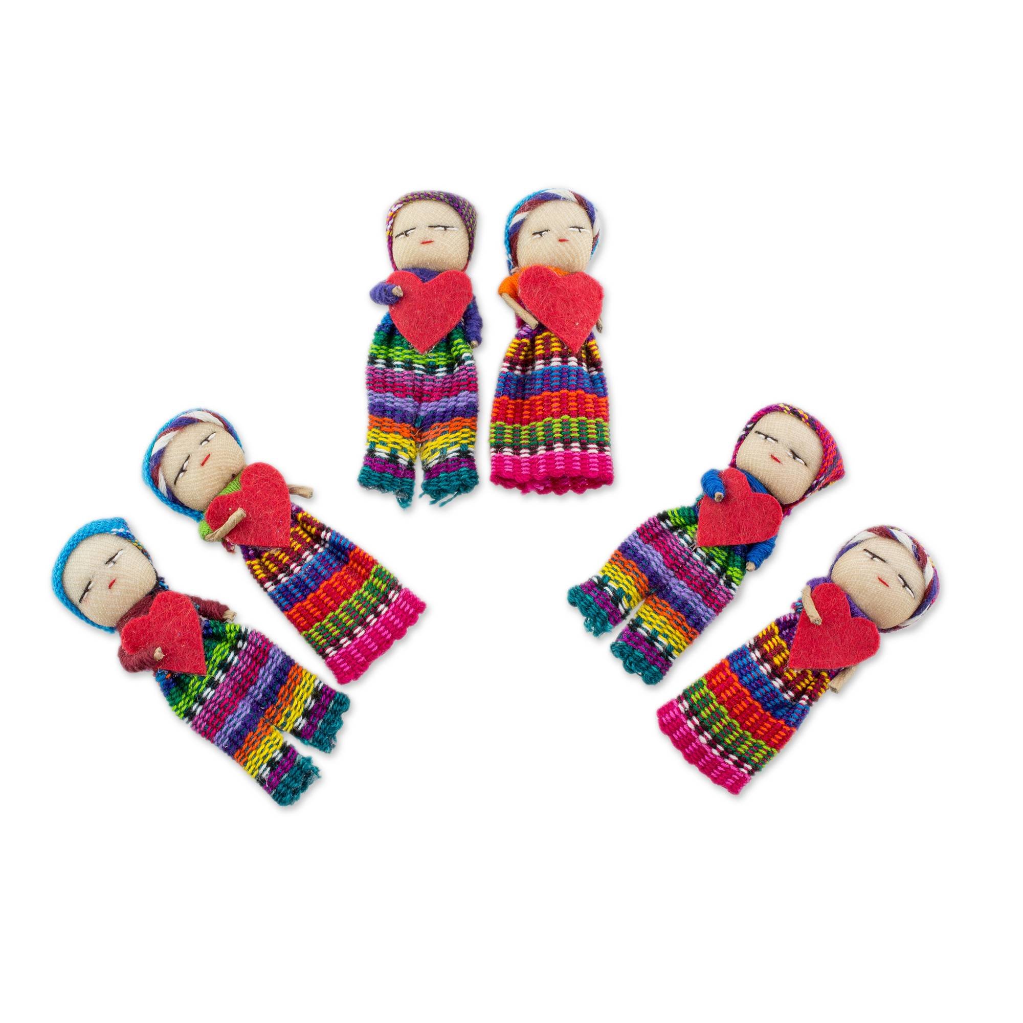 NOVICA Valentine's Theme Handmade Worry Dolls from Guatemala with Hearts and Cotton Storage Pouch, 2.5", Joined in Love'