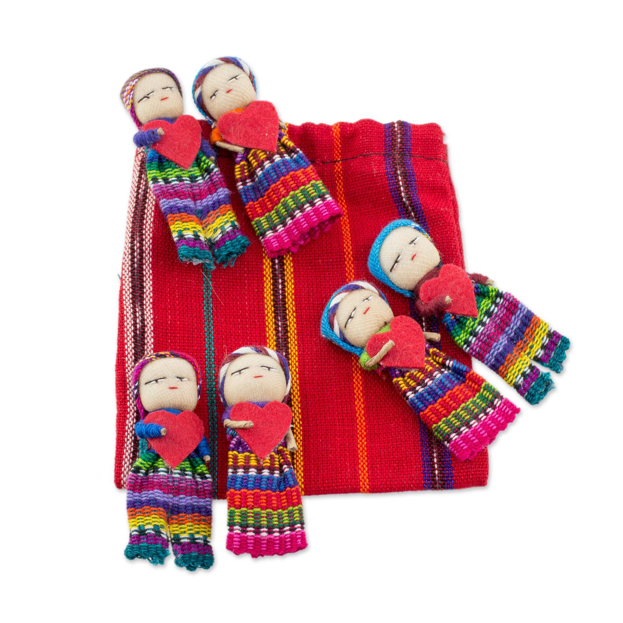 NOVICA Valentine's Theme Handmade Worry Dolls from Guatemala with Hearts and Cotton Storage Pouch, 2.5", Joined in Love'