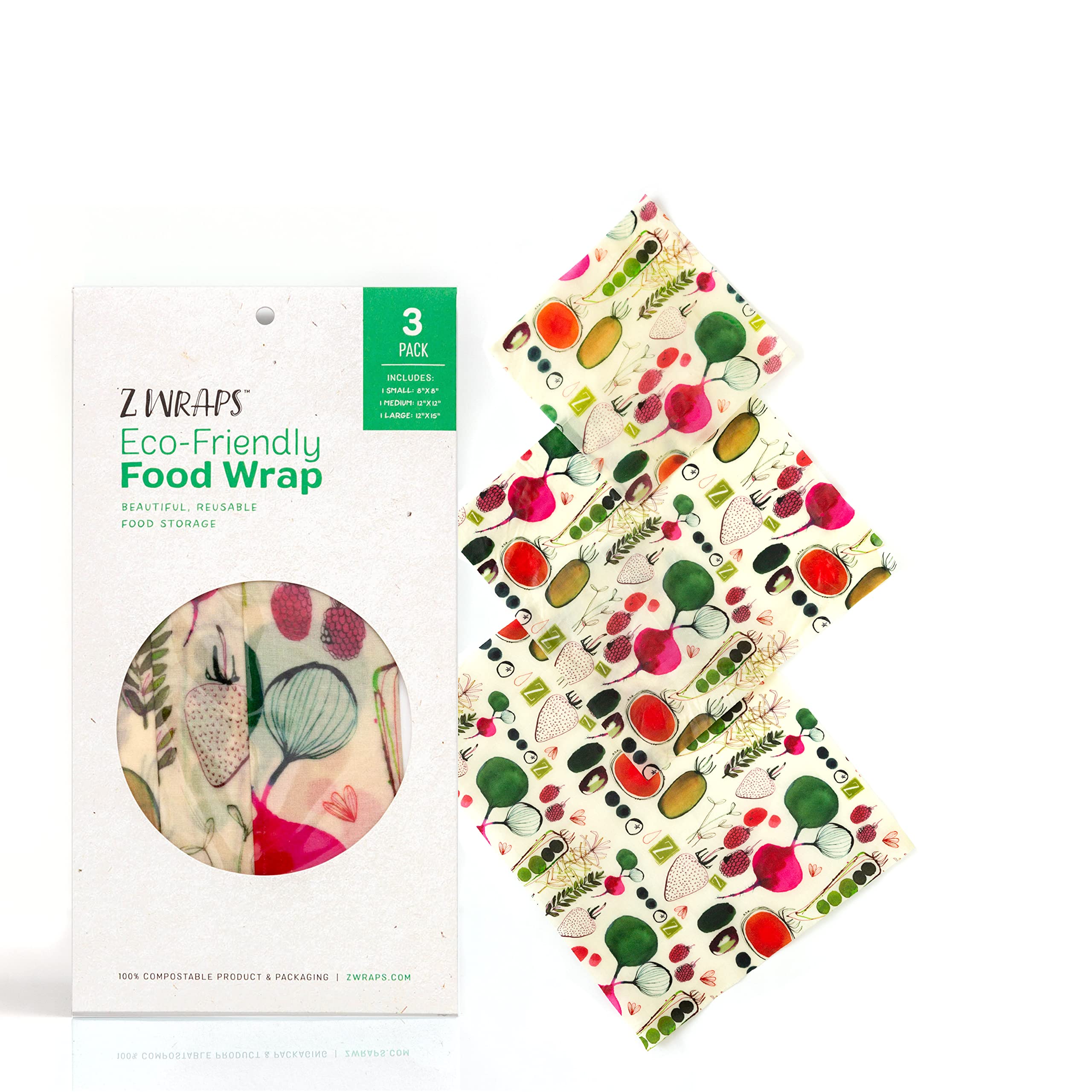 Z Wraps 3-pack, Reusable Beeswax Food Wrap and Food Storage Saver Small, Medium, Large (Farmer's)