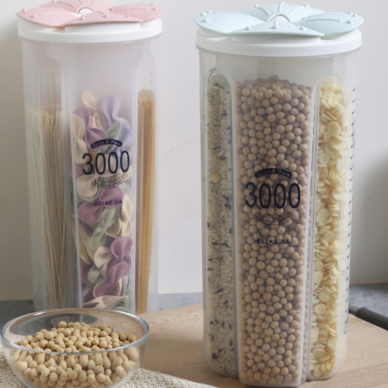 auons Airtight Kitchen Food Storage Container, Leak-Proof BPA Free Plastic Plastic Dry Cereal Dispensers Containers with Durable Lids for Flour, Sugar, Rice (3000ml 4 Color-4 Grid)