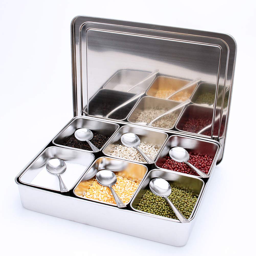 Kitchen Storage Boxes Compartments Stainless Steel food Pepper Seasoning cereal Container with Lid Rectangle Shape (6 grids)