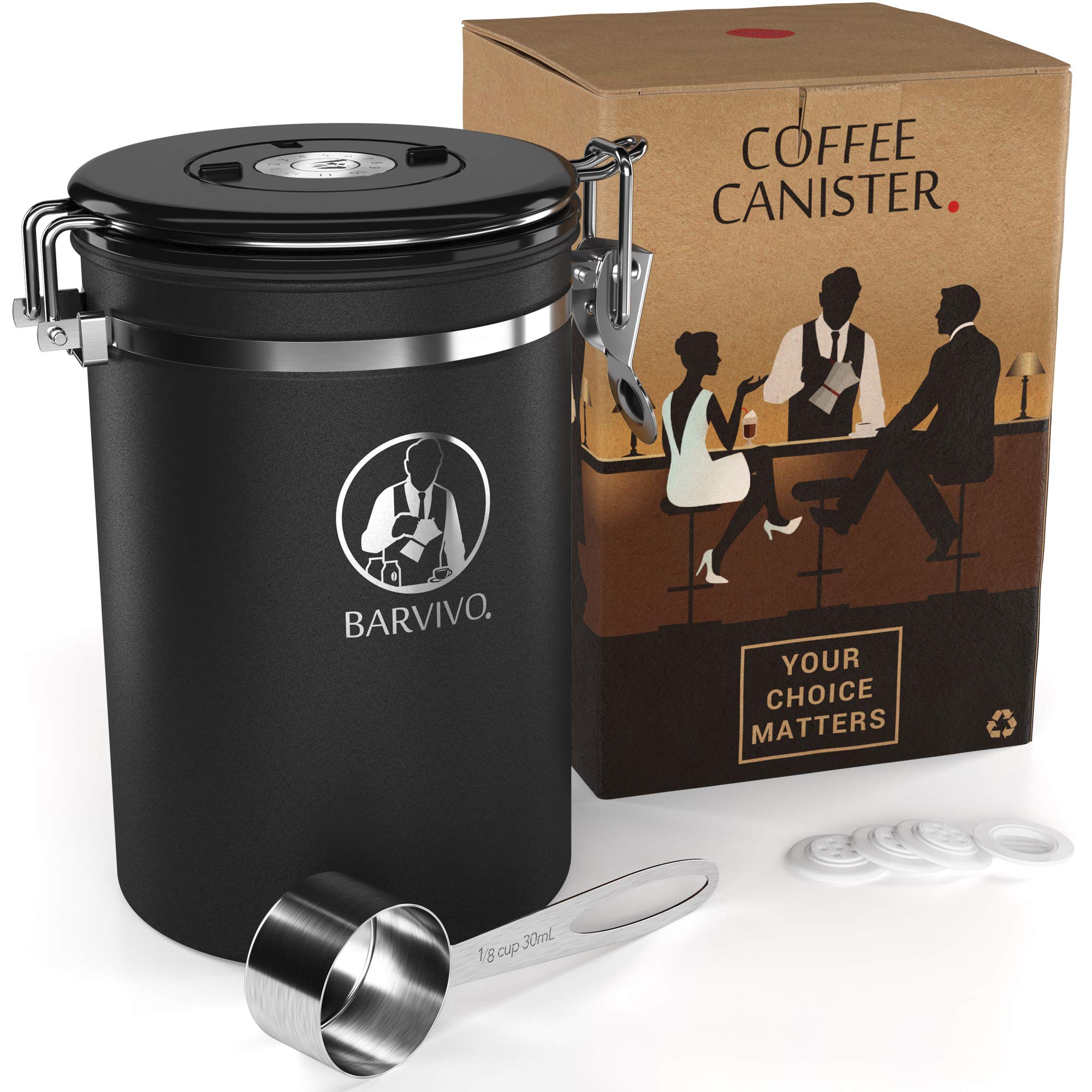 Barvivo Coffee Canister for Ground Coffee & Coffee Beans - Airtight Coffee Container with CO2-Release Valve, Date Tracker & Measuring Scoop - Coffee Accessories Ideal as Valentines Day Gifts - Black