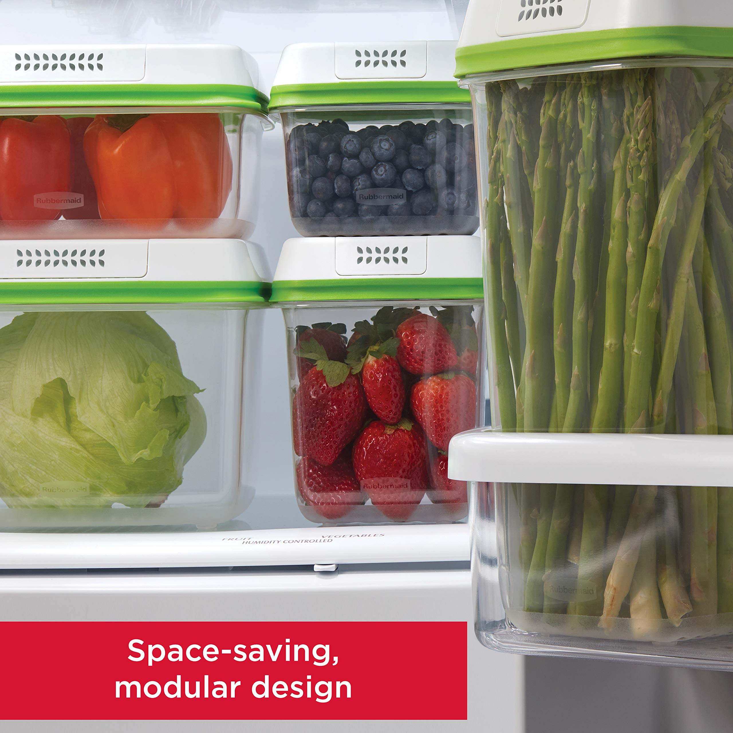 Rubbermaid 4-Piece Produce Saver Containers for Refrigerator with Lids for Food Storage, Dishwasher Safe, Clear/Green, 2 count (Pack of 1)