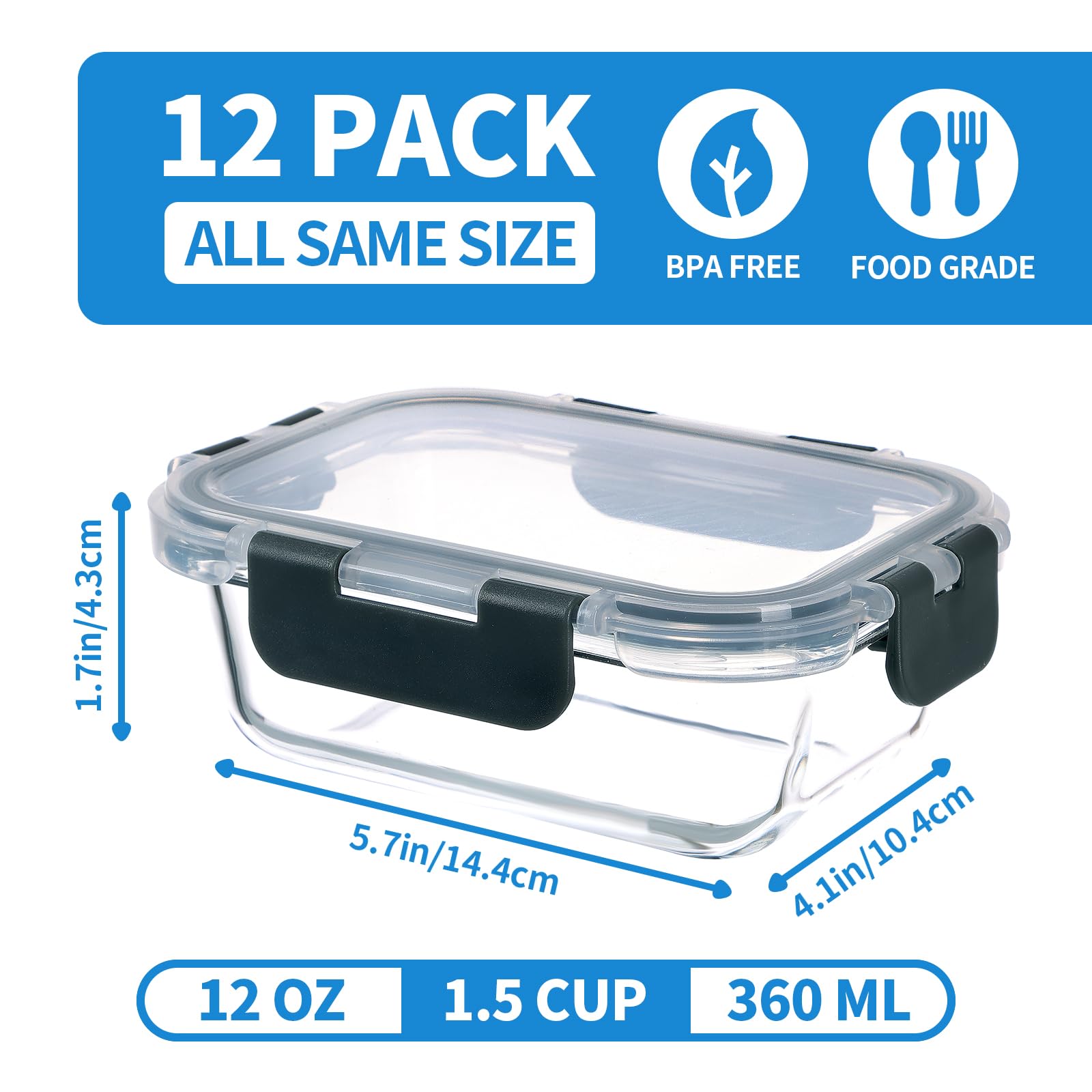 24-Piece Small Glass Food Storage Containers with Lids Airtight, 1.5 Cup Meal Prep Containers Set, Microwave and Dishwasher Safe, Leak-Proof, BPA-Free, Clear/Grey