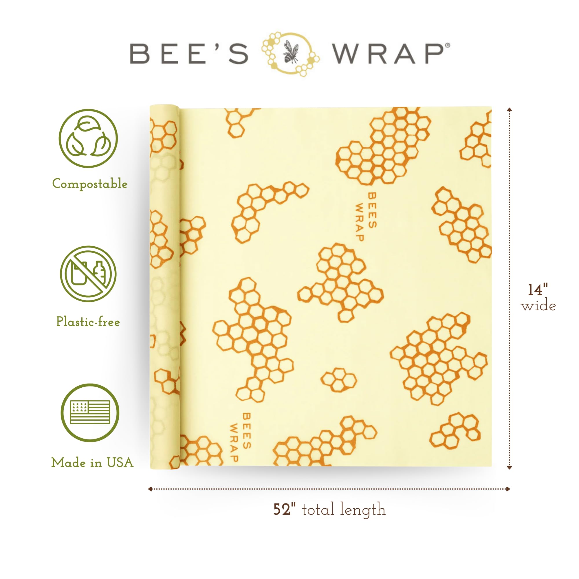 Bee's Wrap Reusable Beeswax Food Wraps Made in the USA, Eco Friendly Beeswax Wraps for Food, Sustainable Food Storage Containers, Organic Cotton Food Wrap, XXL Cut To Size Wax Paper Roll, Honeycomb