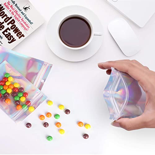 Malastar 2x3 inch 100PCS Resealable Smell Proof Bags,Holographic Packaging Bags,Foil Pouch Baggies Clear Small Mylar Ziplock Bag for Jewelry,Candy,Food Storage,Business